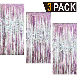 GOER 3.2 ft x 9.8 ft Metallic Tinsel Foil Fringe Curtains Party Photo Backdrop Party Streamers for Birthday,Graduation,New Year Eve Decorations Wedding Decor (Iridescent,3 pcs)