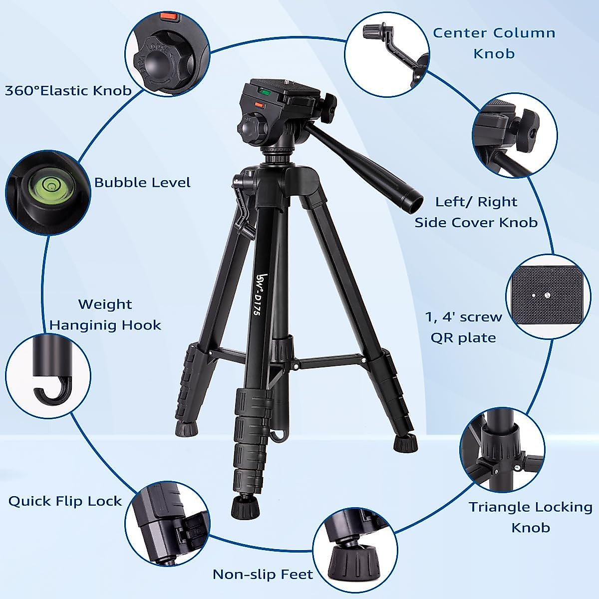 Tripod, Lusweimi 74-Inch Camera Tripod Stand with Travel Bag for Photography/Video Recording, Professional Heavy Duty Tripod with Wireless Remote & Phone Holder for DSLR/SLR/DV/Projector/Phone