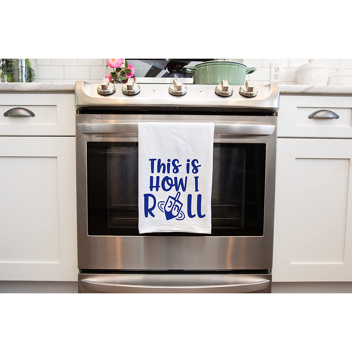 Funny Jewish Holiday Kitchen Towel, This is How I Roll, Dreidel Pun Hanukkah Jewish Holiday Gift for Housewarming or Hostess, Handmade Dish Towel (This is How I Roll)