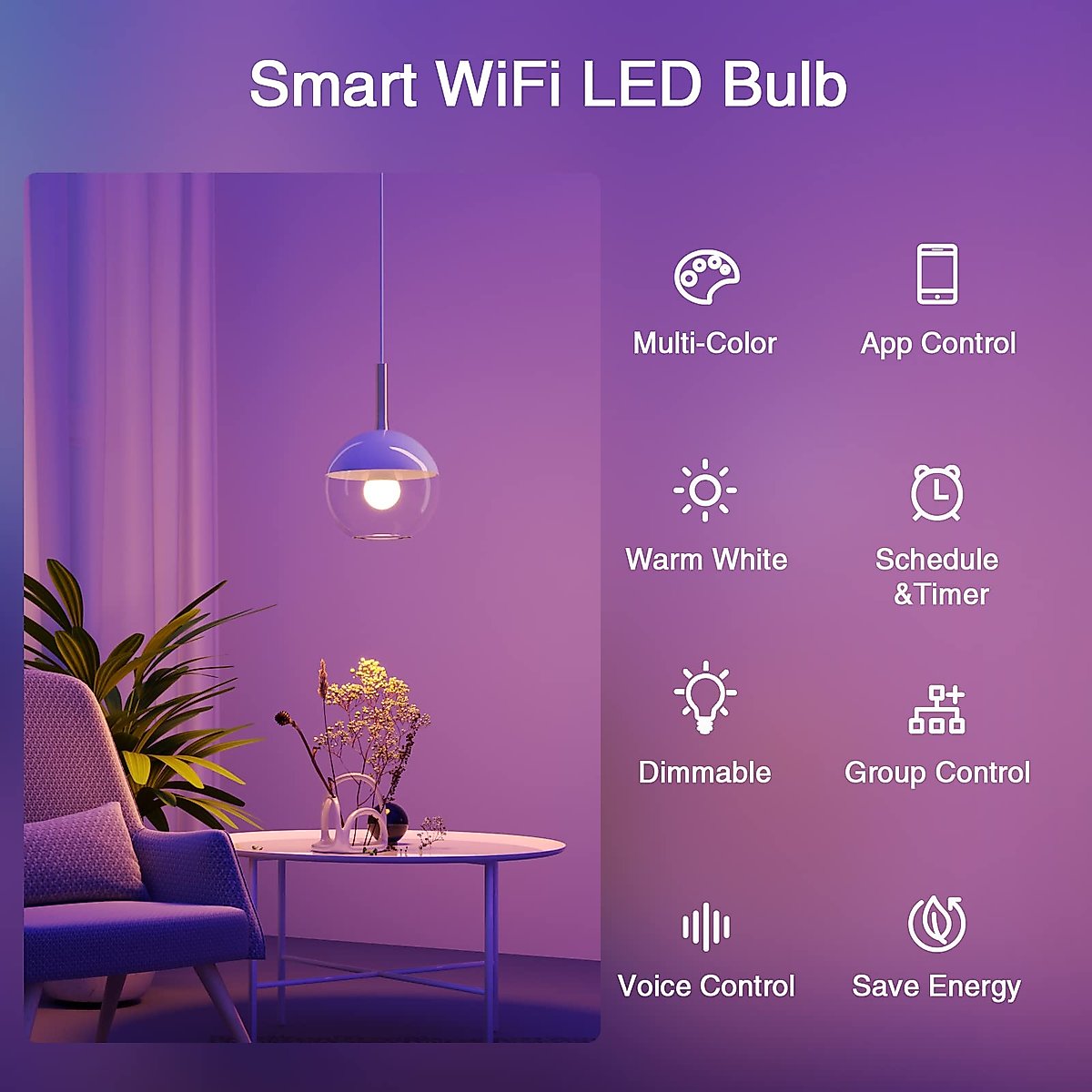 Ghome Smart Light Bulbs, A19 E26 Color Changing Led Bulb Works with Alexa, Google Home, App & Voice Control, 2.4Ghz WiFi Only, 800 Lumens, Dimmable RGB Warm White 2700K Smart Home Lighting, 6 Pack