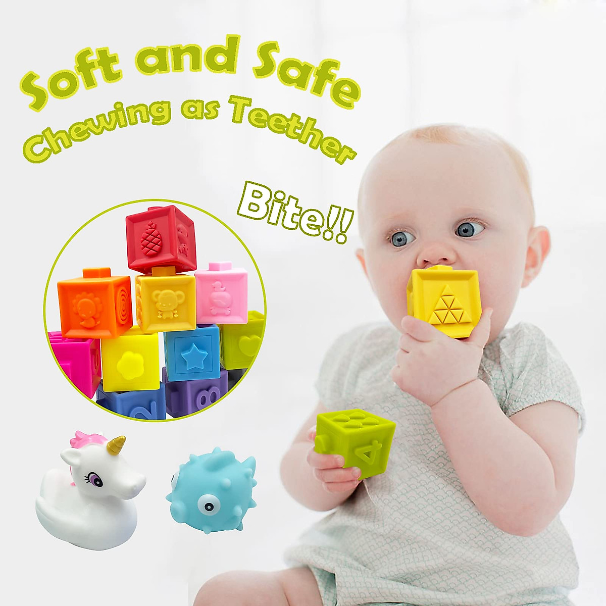 KIDPAPA Baby Blocks,16 PCS Baby Soft Building Blocks, Stacking Blocks with Shark Animals and Number, Educational Montessori Toys for Babies 6 to 12 Months and Up
