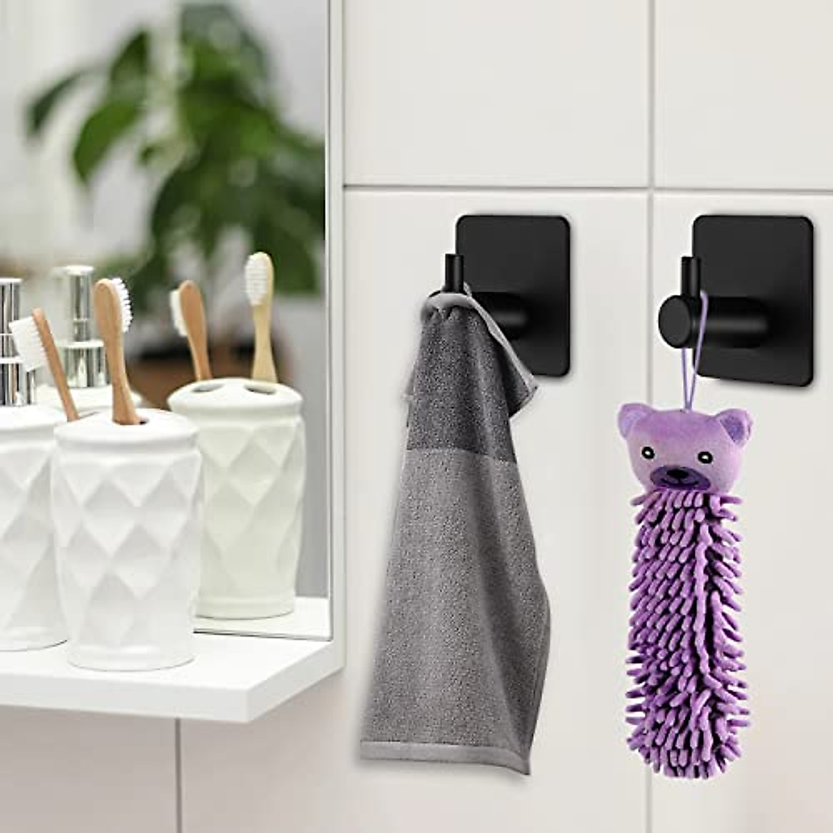 Glattever Adhesive Towel Hooks Stainless Steel Heavy Duty Towel Rack Removable Vacuum Suction Cup Wall Hooks Waterproof Clothes Towel Hook for Bathrooms Kitchen Hotel Office (Black, 4 Pack )