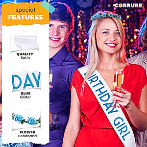 CORRURE 'Birthday Girl' Sash and Tiara - Soft Satin Black with Blue Glitter Birthday Sash for Women with Flower Headband - Ideal Sweet 16, 18th 21st 25th 30th 40th or Any Other Bday Party
