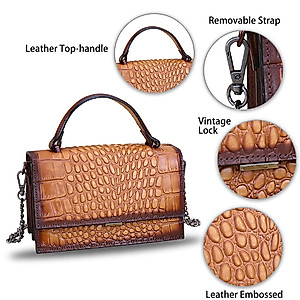 Genuine Leather Handbags for Women Retro Handmade Small Satchel Purse Luxury Top Handle Real Leather Embossed Design Crossbody Bag (Brown)