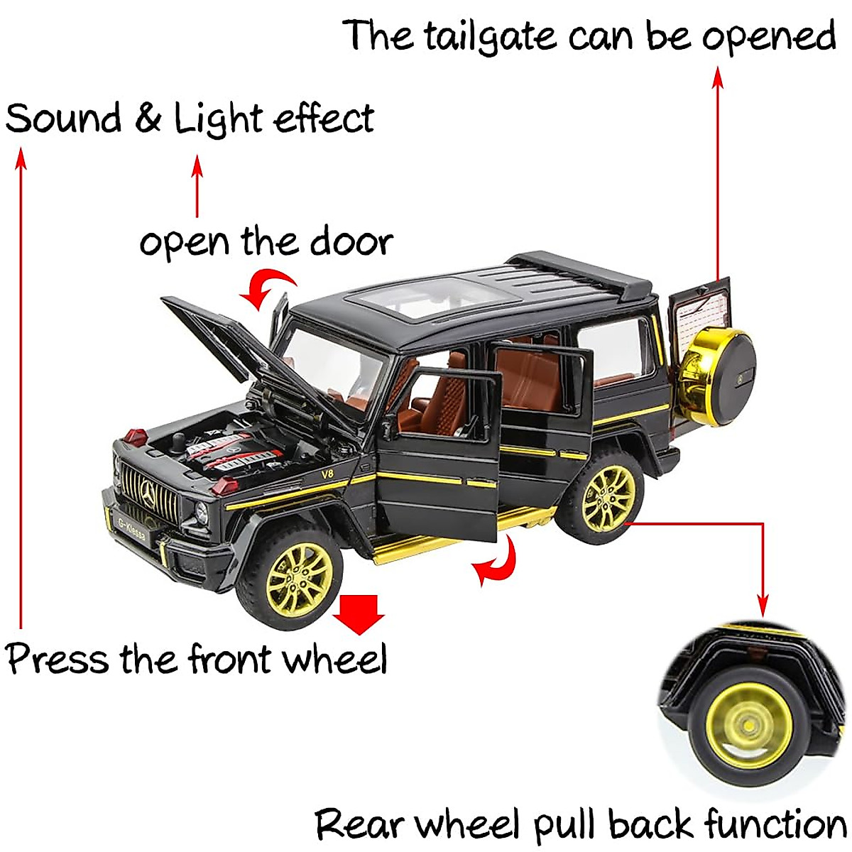 iLooboo Alloy Collectible Black Benz G63 AMG Toy Vehicle Pull Back Die-Cast Car Model with Lights and Sound