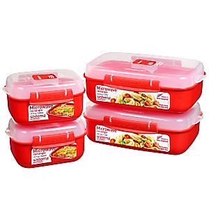 Sistema Microwave Rice Cooker and Steamer Bowl for Vegetables with Steam Release Vent, Dishwasher Safe, Red & Microwave Food Storage Containers with Steam Release Vent, Dishwasher Safe, Red