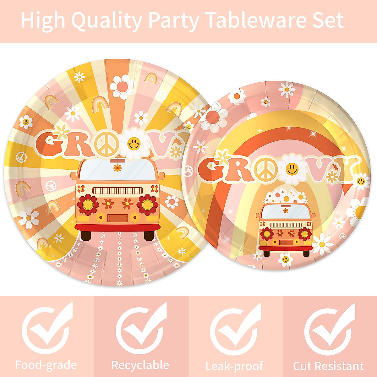 Oigco 120PCS Groovy Birthday Party Supplies Hippie Boho Plates Napkins Cups Retro Daisy Flower 60's Style Party Supplies for Girls Happy Birthday Tableware Set for 24 Guests