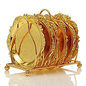 Collection 6 Piece Coaster Creative Drink Coasters with Decorative Rack Non-Slip Metal Cup Mats Tabletop Display with Holder for Bar,Home, Kitchen,Coffee Table Centerpieces Decoration (Golden)