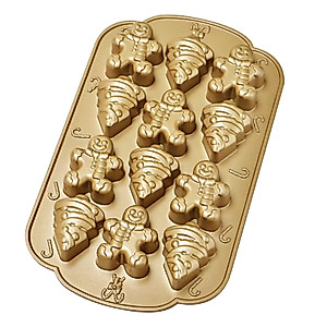Wehome Gingerbread Cake Pan Cakelet Pan，Non-stick Cast Aluminum Muffin Pan，12-Cavity Snowman and Christmas Tree Gingerbread Baking Pan，Heavy-gauge Bakeware Pan