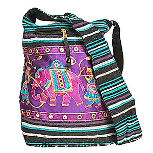 TribeAzure Elephant Hobo Shoulder Bag Cotton Sling Crossbody Handbag Boho Hippie Books Market Spacious Colorful Roomy Casual (Majestic Purple)