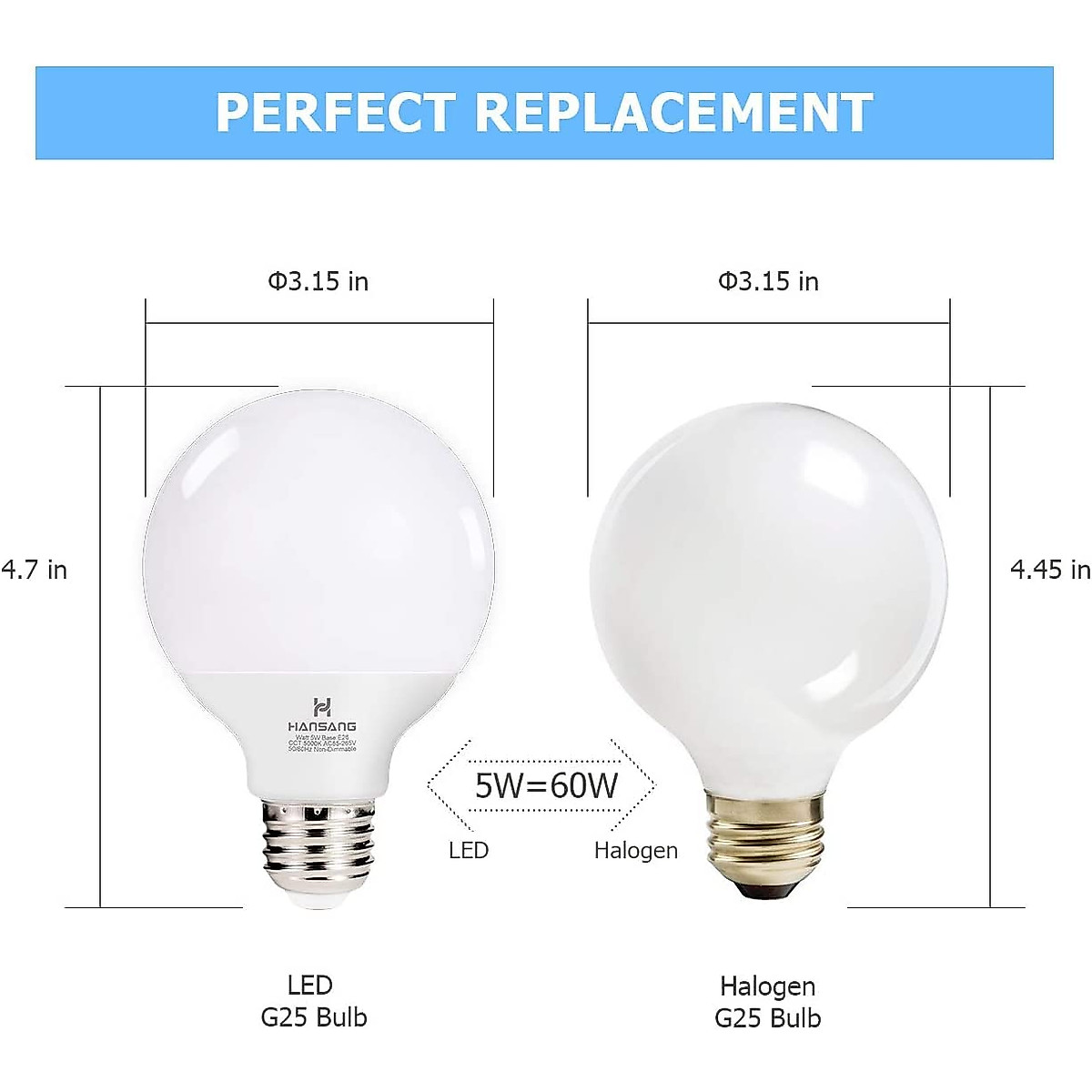 hansang G25 LED Globe Light Bulbs, 60W Equivalent, 5000K Daylight Bathroom, E26 Base, Eye-Friendly Vanity Round, Perfect for Vanity Makeup Mirror, 120V CRI85+ Non-Dimmable 4Pack