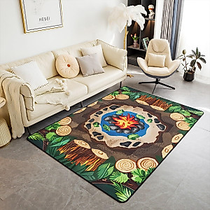 Erosebridal Campfire Area Rug 5x7 Tree Stump Rug for Teens Kids Fun Woodland Campsite Summer Happy Camping Carpet Cartoon Stones Green Tree Non Slip Living Room Rugs