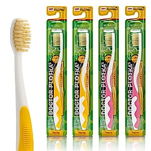 MOUTHWATCHERS Dr Plotkas Extra Soft Kids Toothbrushes Manual Flossing Toothbrushes | Ultra Clean Nano Toothbrushes | 4 Pack – 2 Yellow and 2 Pink Childrens Toothbrushes