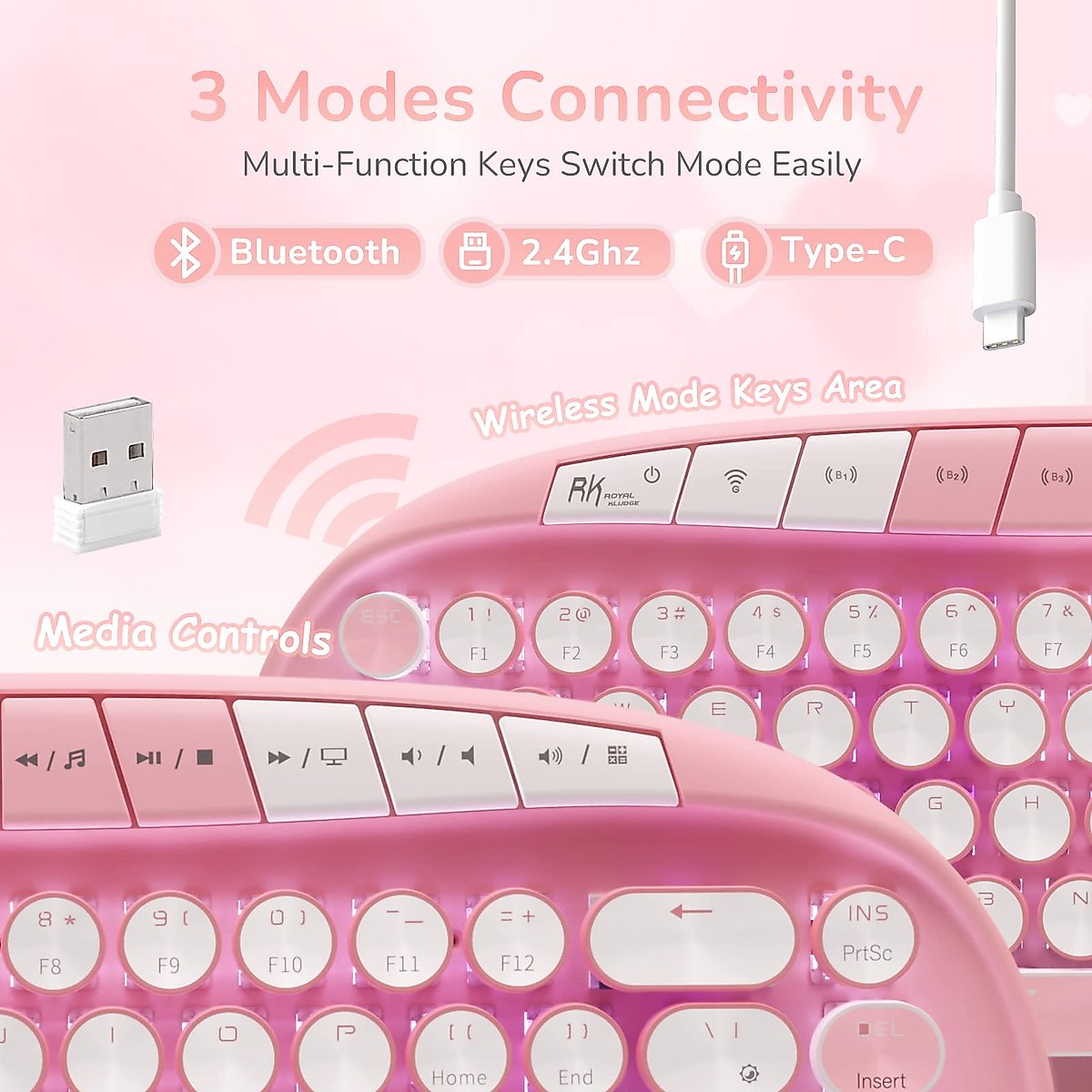 RK ROYAL KLUDGE RK838 Pink Wireless Keyboard, Retro Typewriter Keyboard BT/2.4G/Wired Mode, 75% RGB Hot Swappable Gaming Keyboard with Round Keys 10 Buttons, Pink Switch