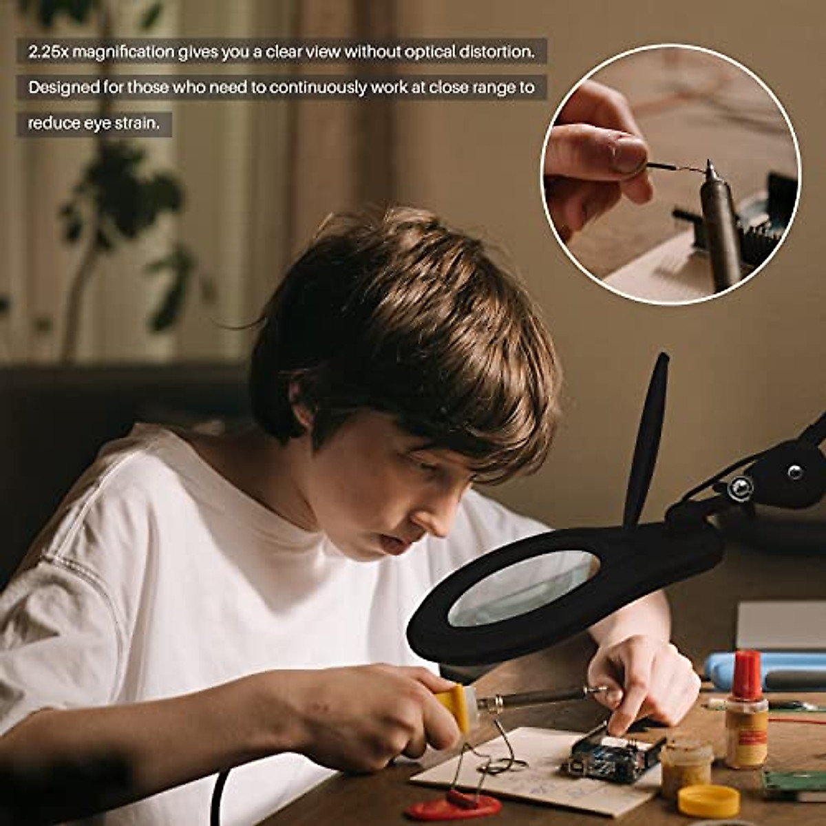 Bemelux LED Magnifying Lamp with Clamp, 5 Inch Magnifier Glass Lens, Metal Swing Arm Dimming 1200 Lumens Lighted Magnifying Desk Lamp for Crafts, Bright 60PCS LEDs - 2.25X Magnification(Black)