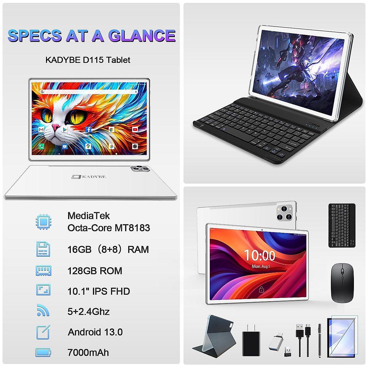 2024 Newest Tablet Android 13 Tablets 10 Inch, Tablet 128GB ROM+16GB RAM (8+8 Virtual), 2 In 1 Tablet with keyboard, Powerful Octa-Core+13MP Camera, 1TB TF Expandable, FHD IPS Display WiFi Tablet PC