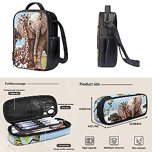 Salabomia Elephant Giraffe Kids School Bookbag 3 in 1 Set School Bag with Insulated Lunch Bag Pencil Case, Lightweight Kids Backpack Boys Girls for Elementary School, Blue and Brown