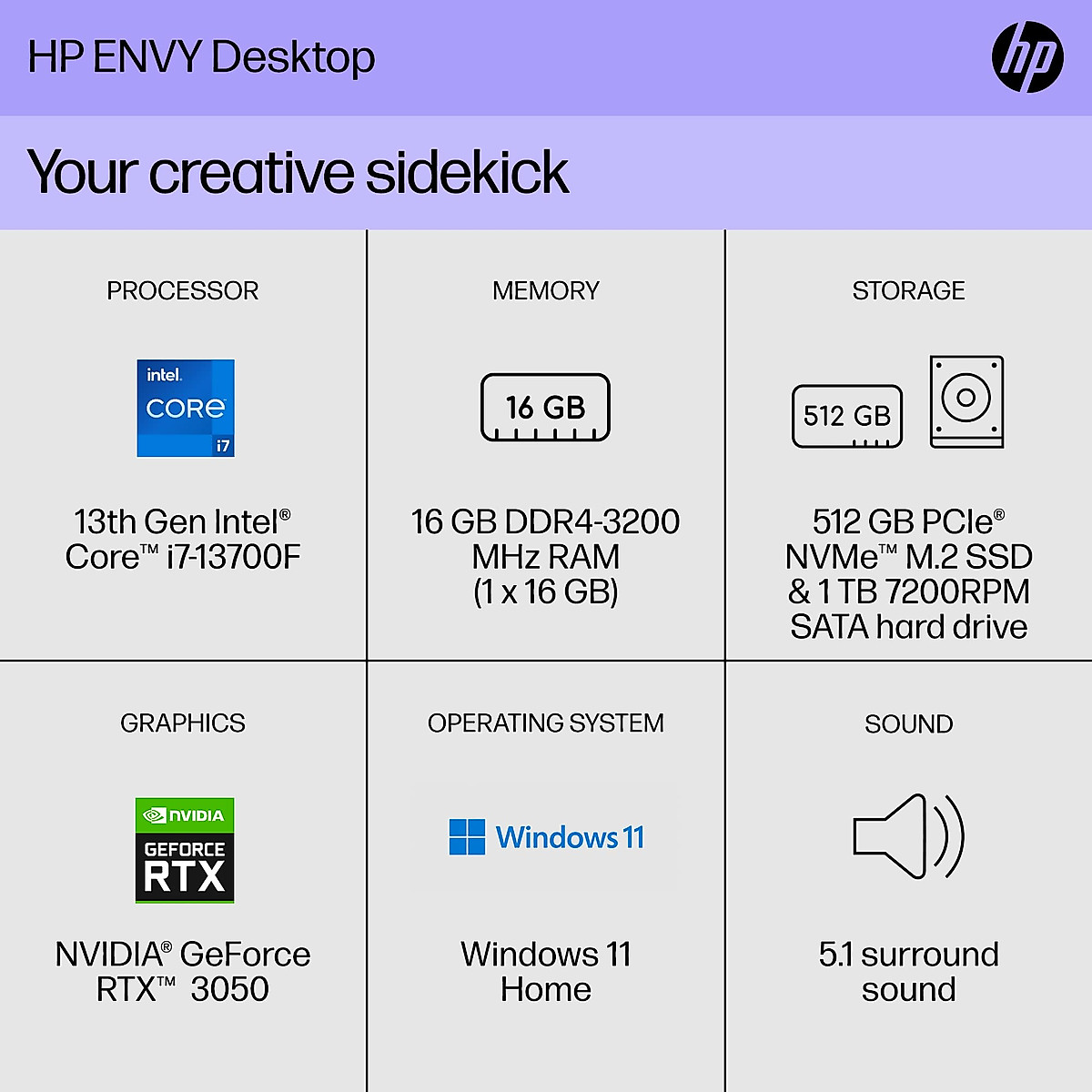 HP Envy Desktop PC, 13th Generation Intel Core i7-13700F, 16 GB RAM, 512 GB SSD, 1 TB HD, NVIDIA GeForce RTX 3050, Windows 11 Home, TE01-4050 (2023)