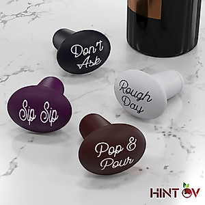 Hint Ov [4 Pack] Wine Bottle Stoppers for Wine, Beer, Liquor Bottle Covers, Leak-Proof, Easy to Use, Dishwasher-Safe, Kitchen Accessories,Silicone,Reusable
