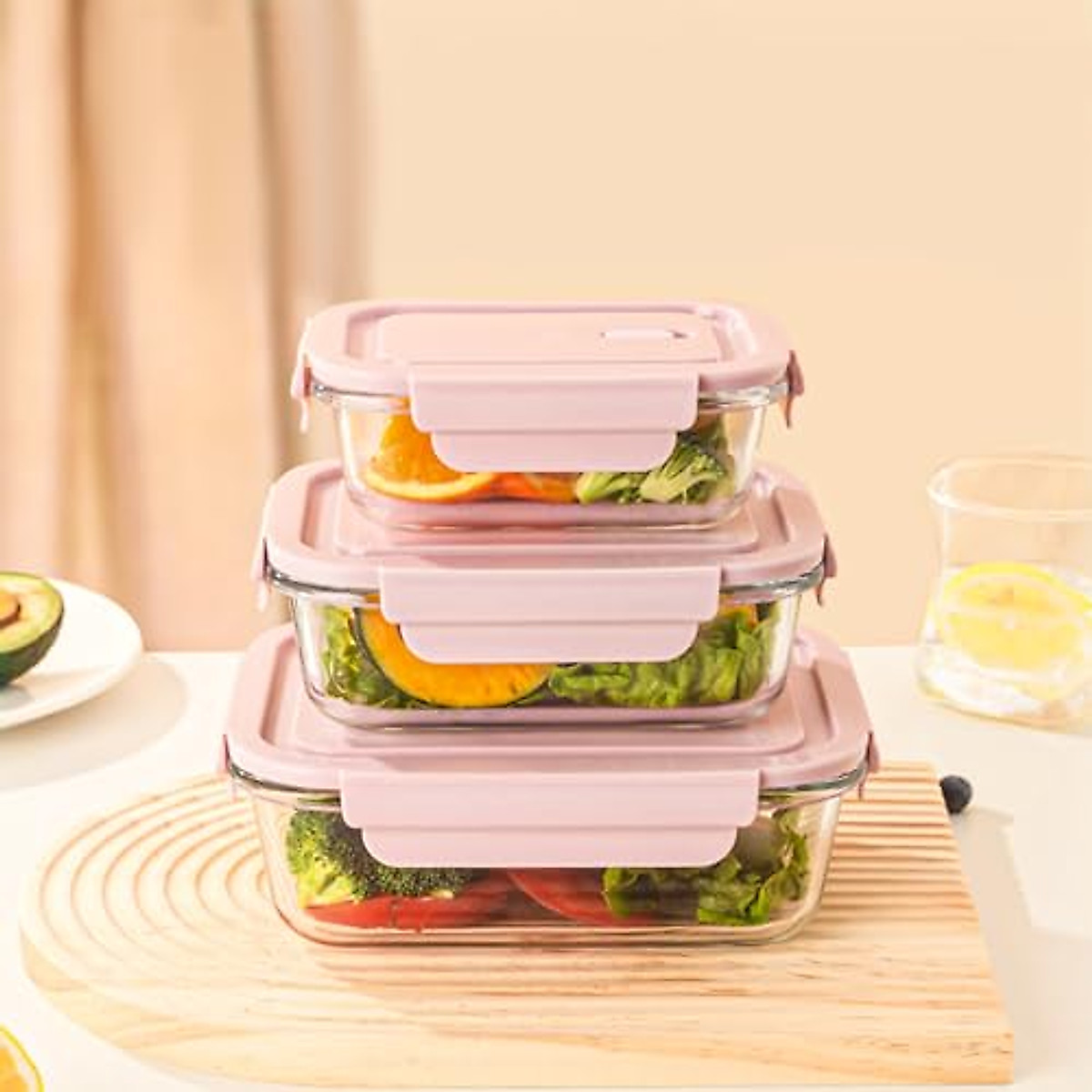 ATRDTO 6 Pieces Rectangle Glass Food Storage Containers with Lids, Meal Prep Containers for Food Storage, BPA Free & Leak Proof (3 lids & 3 Containers) 13.9oz, 24oz, 35oz (Pink)