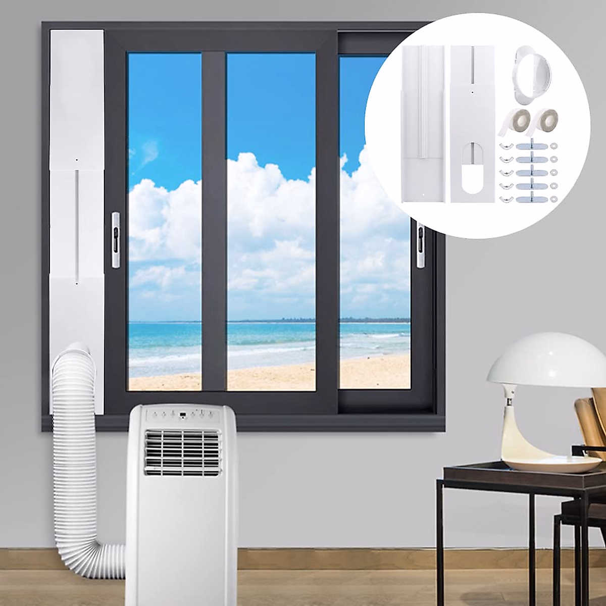 CALIDAKA Portable AC Window Kit,Air Conditioner Window Kit with 2pack 3m Seal,Universal Window Seal Kit Adjustable Sliding AC Vent Kit for 5.1/5.9 inch Exhaust Hose(white)