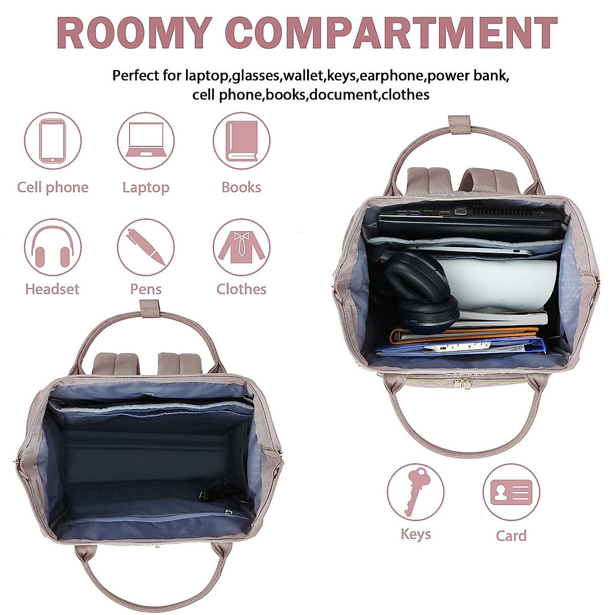 EMPSIGN 17 Inch Laptop Backpack for Women, Work Business Travel Computer College Bags, Large Capacity Water-repellent Quilted Casual Daypack with USB Port, Dusty Pink