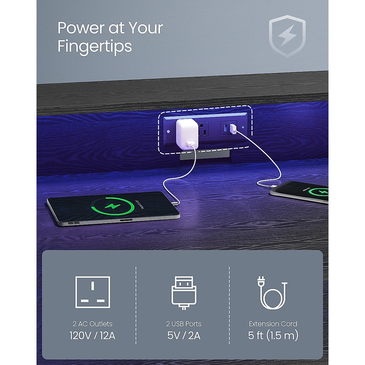 VASAGLE LED Gaming Desk with Power Outlets, Computer Desk with USB Ports, Office Desk with Monitor Stand for 2 Monitors, with Hooks, for Bedroom, 23.6 x 39.4 x 29.5 Inches Ebony Black ULWD091B56