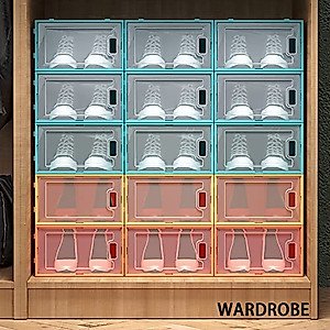 VONIKKU 12 Pack Shoe Storage Boxes, Clear Plastic Shoe Containers Bins with Lids, Stackable Foldable Drop Front Space Saving Shoe Organizer boxes for Closet, Bedroom, Bathroom (White)