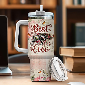 Mama Bear Floral Inspiration, Tumbler 40 Oz With Handle Lid And Straw, Mama Bear Gifts, Mom Flower Cups To Funny Yellow For Eleven Water Steel Handle Straws Modern