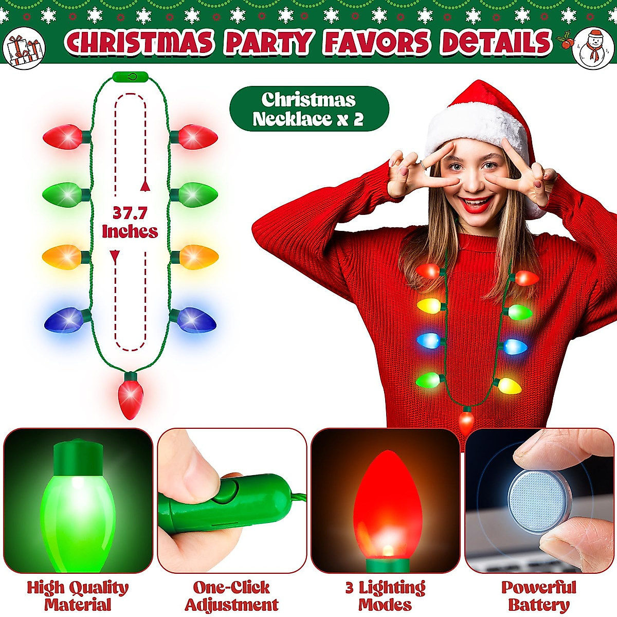 Christmas Party Favors, 2PCS Light Up Christmas Necklace, 3 Modes Christmas Necklace, LED Christmas Accessories for Kids Red Yellow Blue Green Bulbs Glow Necklaces New Year Ugly Sweater Party