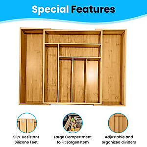 LifeReorganized Organize Your Kitchen, Makeup & Jewelry w/Expandable Bamboo Drawer Organizer Tray-Silicone Feet, Cutlery Flatware & Silverware Knife Fork Spoon Cosmetics-Keep Countertop Organized!