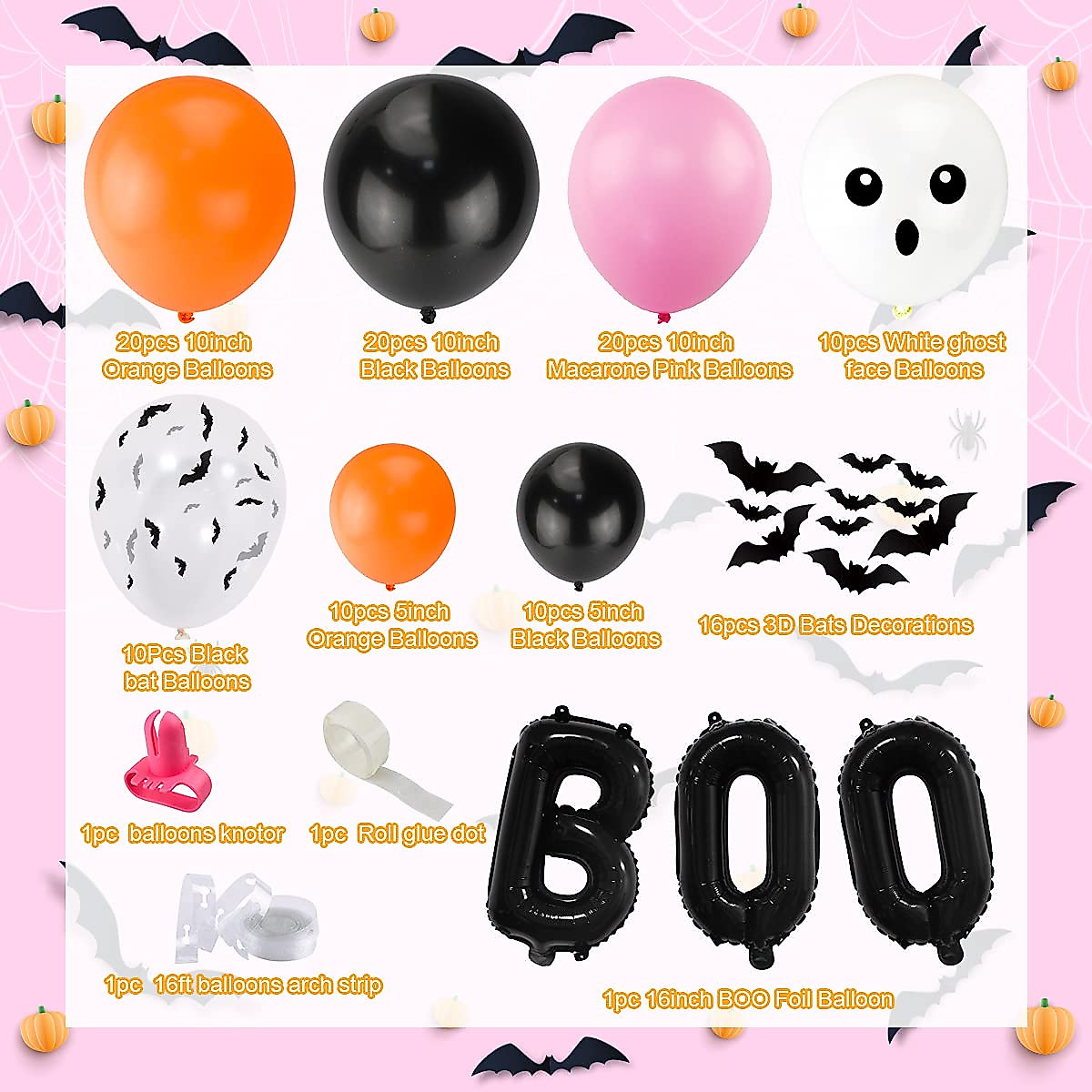 100Pcs Halloween Balloon Arch Garland Kit,Pink Black Orange Halloween Balloons Arch with BOO Foil Balloons,Skull Balloons,Bats Wall Stickers for Halloween Theme Party,Halloween Day Party Decorations