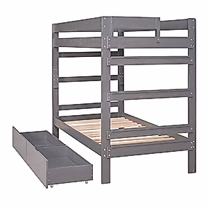 Flieks Twin Over Twin Wood Bunk Bed with 2 Drawers, Gray