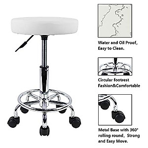 KKTONER PU Leather Round Rolling Stool with Foot Rest Swivel Height Adjustment Spa Drafting Salon Tattoo Work Office Massage Stools Task Chair White Small (White)