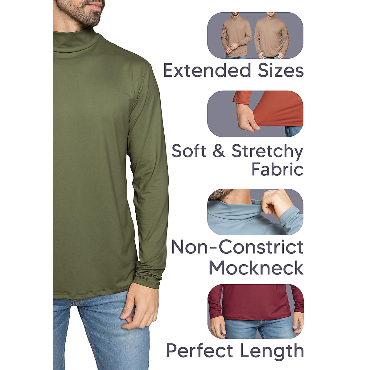 STRETCH IS COMFORT Men's Long Sleeve Mock Neck Turtleneck White Small