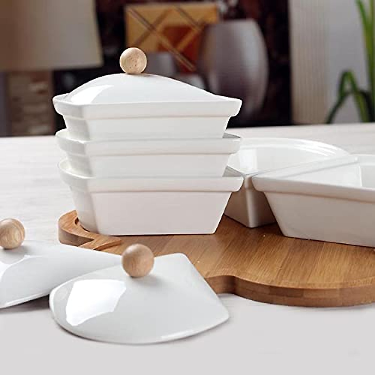 yarlung Lazy Susan Divided Serving Dishes Appetizer Tray, 5 Removable Ceramic Snack Bowls with Lids and Bamboo Platter, Relish Tray Nuts Dishes for Chips, Fruits, Candy