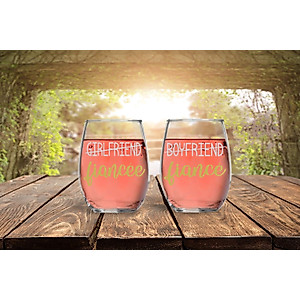 Boyfriend/Fiance - Girlfriend/Fiancee - Funny 15oz Crystal Wine Glass - Stemless Wine Glass Couples Sets - Perfect idea for Bridal and Engagement Gifts