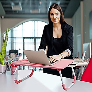 Laptop Desk Foldable Bed Table, Portable Lap Desk Laptop Bed Tray Table with Storage Drawer and Cup Holder, Lap Tray Table Notebook Stand Reading Desk Breakfast Tray for Bed Couch Sofa Floor – Pink