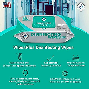 WipesPlus Disinfecting Wipes (240 Total Wipes) - 3 Packs of 80 Industrial Strength Sanitizing Wipes - 80 Disinfectant Wipes per Pack - Made in the USA