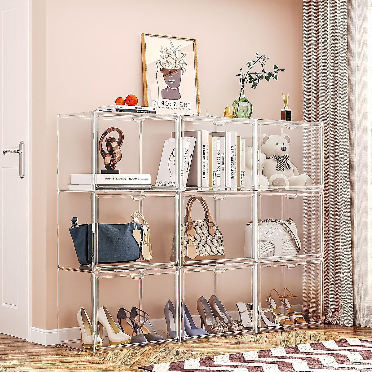 IYINIYI 15.75''x11.81''x9.84'' XX-Large Clear Shoe Storage Boxes with Divider, Stackable Plastic Boot Boxes with Magnetic Door, Acrylic display case Box with Lids for Sneaker Purses Handbags Books (3)