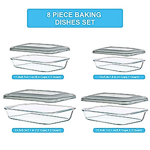 KOMUEE 8 Pieces Glass Baking Dish with Lids Rectangular Glass Baking Pan Bakeware Set with BPA Free Lids, Baking Pans for Lasagna, Leftovers, Cooking, Kitchen, Fridge-to-Oven, Gray