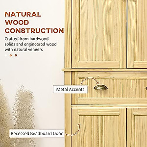 HOMCOM 72" Pinewood Large Kitchen Pantry Storage Cabinet, Freestanding Cabinet with Doors and Shelf Adjustability, Soft-Close Mechanism, Living Room & Dining Room Furniture, Natural