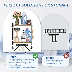 EsLuker.ly 2 Tiers Ironing Board Holder Wall Mount, Iron Board Hanger Rack Organization with Removable Hooks, Laundry Room Shelves with Large Wooden Baskets for Iron and Ironing board Set, Black