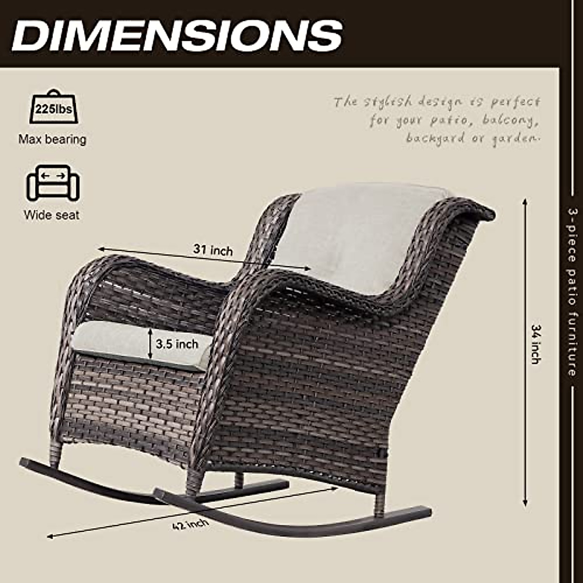 MeetLeisure Outdoor Wicker Patio Rocking Chair - All-Weather Lawn Rocking Wicker Furniture with Alloy Steel Frame & Premium Fabric Cushion, Beige