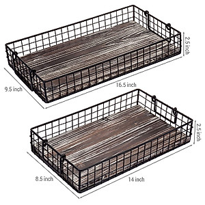 MyGift Black Metal Large Serving Tray, Wire Basket Style Nesting Ottoman Trays with Burnt Wood Base and Handles, Set of 2