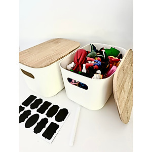 Plastic Stackable Storage Bins with Bamboo Lid 2 PCS and 10 Sticker Labels and one Chalk Pen -Storage Containers-Storage Basket for Organizing-Playroom Classroom Organization