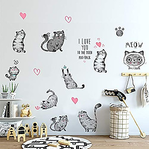 Cartoon Cats Wall Decals - MAIYU 9 Cute Kittens with Butterfly Heart Paw Print Wall Stickers for Kids Bedroom Living Room Nursery Home Decorations