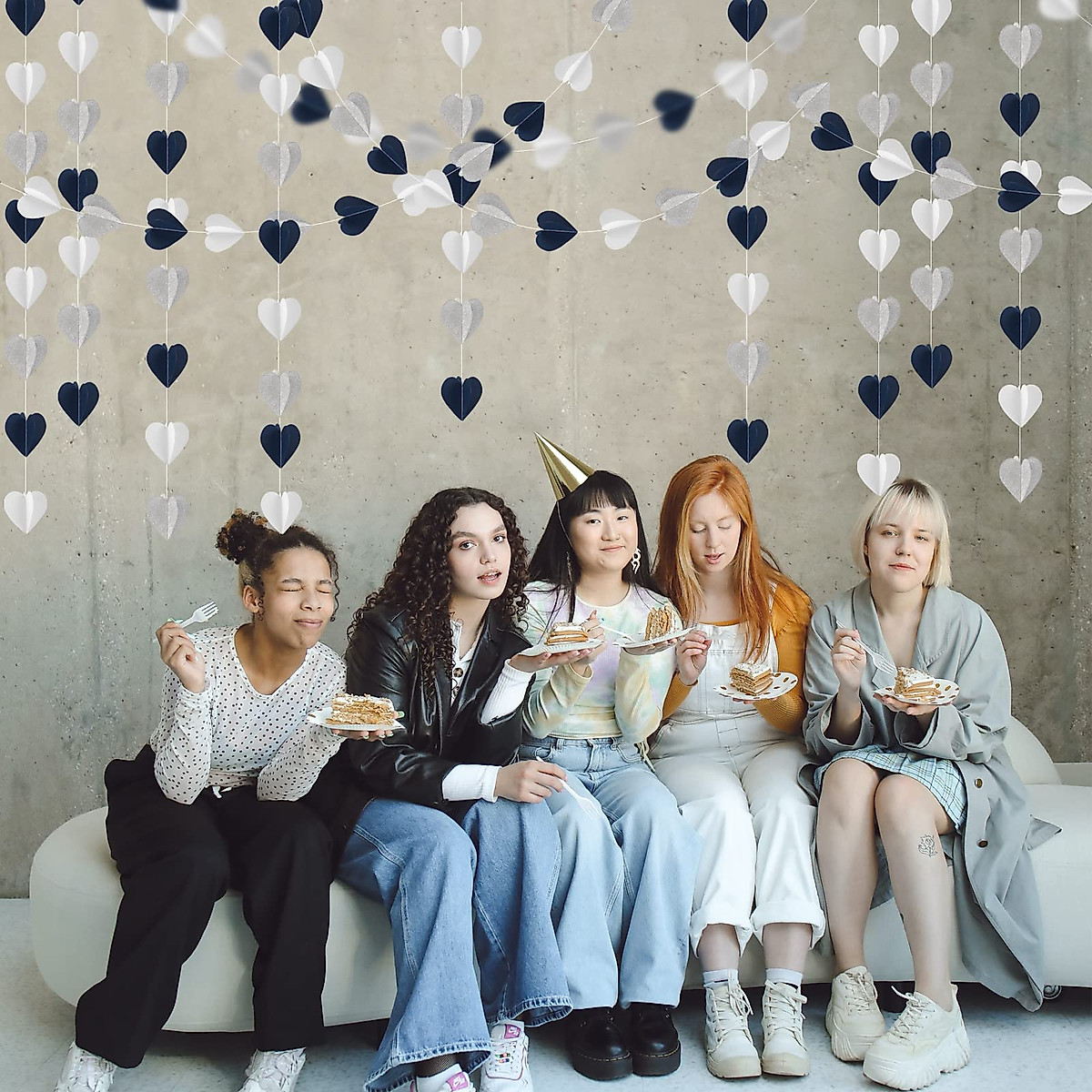 Navy-Blue White Silver 3D-Heart Garland - 39Ft Graduation Hanging Decoration Streamers Banner,Bridal Birthday Engagement Bachelorette Baby Shower Christmas Baby Shower Valentines Party Decor Ouruola