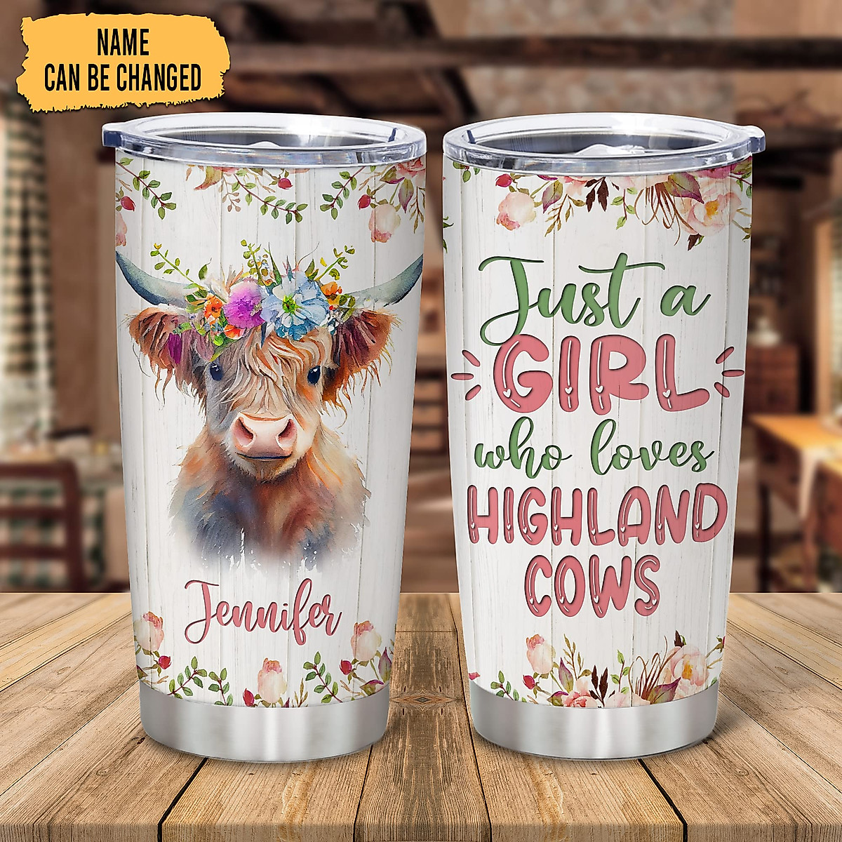Hyturtle Personalized Gifts For Highland Cow Lover - Birthday Christmas - Just A Girl Who Loves Highland Cows Custom Name Stainless Steel Tumbler 20oz With Lid - Animal Lover Gifts For Her Women Girl