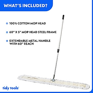 Tidy Tools Commercial Dust Mop & Floor Sweeper, 60 inch Dust Mop for Hardwood Floors, Cotton Reusable Dust Mop Head, Extendable Mop Handle, Industrial Dry Mop for Floor Cleaning & Janitorial Supplies